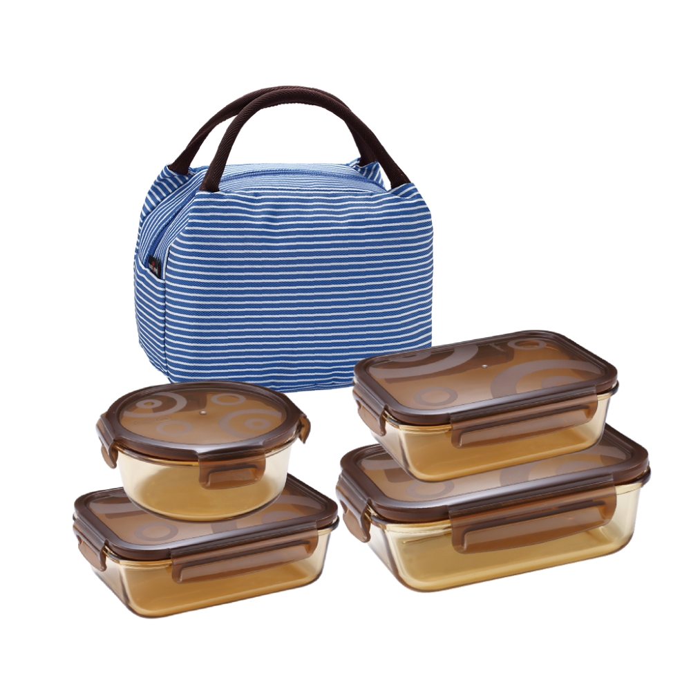 【Snapware 康寧】琥珀色耐熱玻璃保鮮盒4件組(650ml*2+600ml*1+1050ml*1+提袋*1) - 全聯全電商