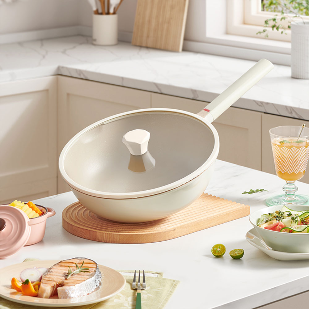 【Sushar小菜丫】新玄木 麥飯石不沾鍋 深煎炒鍋30cm IH全對應-白((贈玻璃蓋)) - 全聯全電商