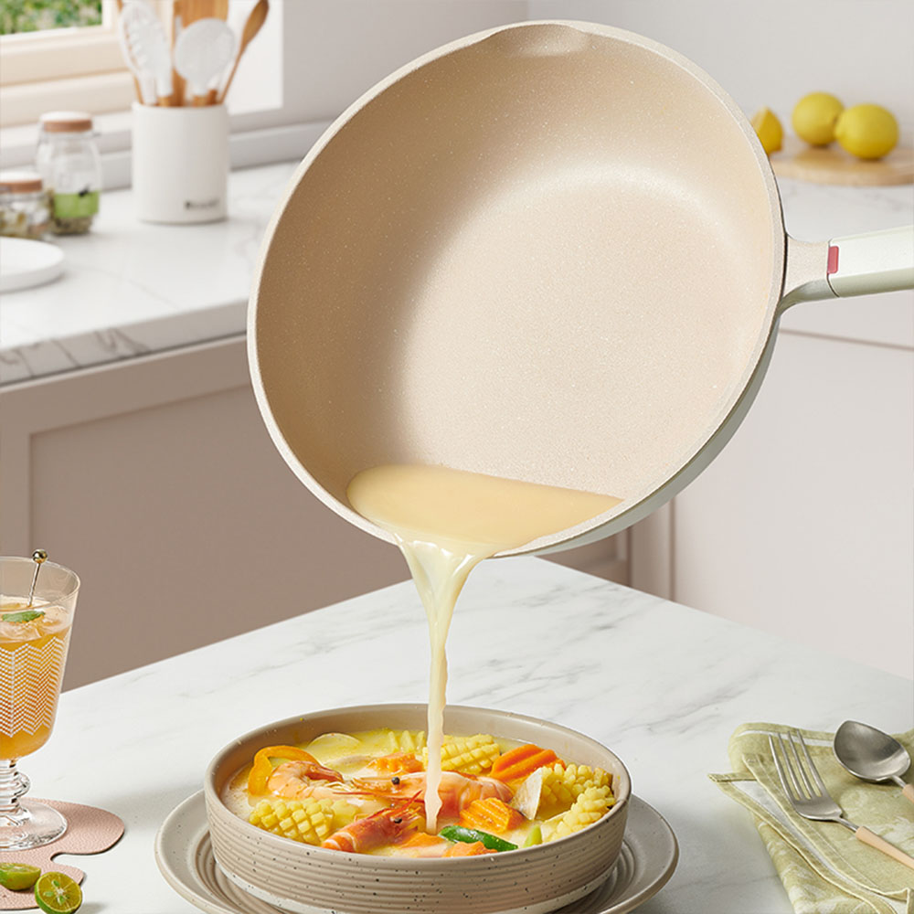 【Sushar小菜丫】新玄木 麥飯石不沾鍋 深煎炒鍋30cm IH全對應-白((贈玻璃蓋)) - 全聯全電商