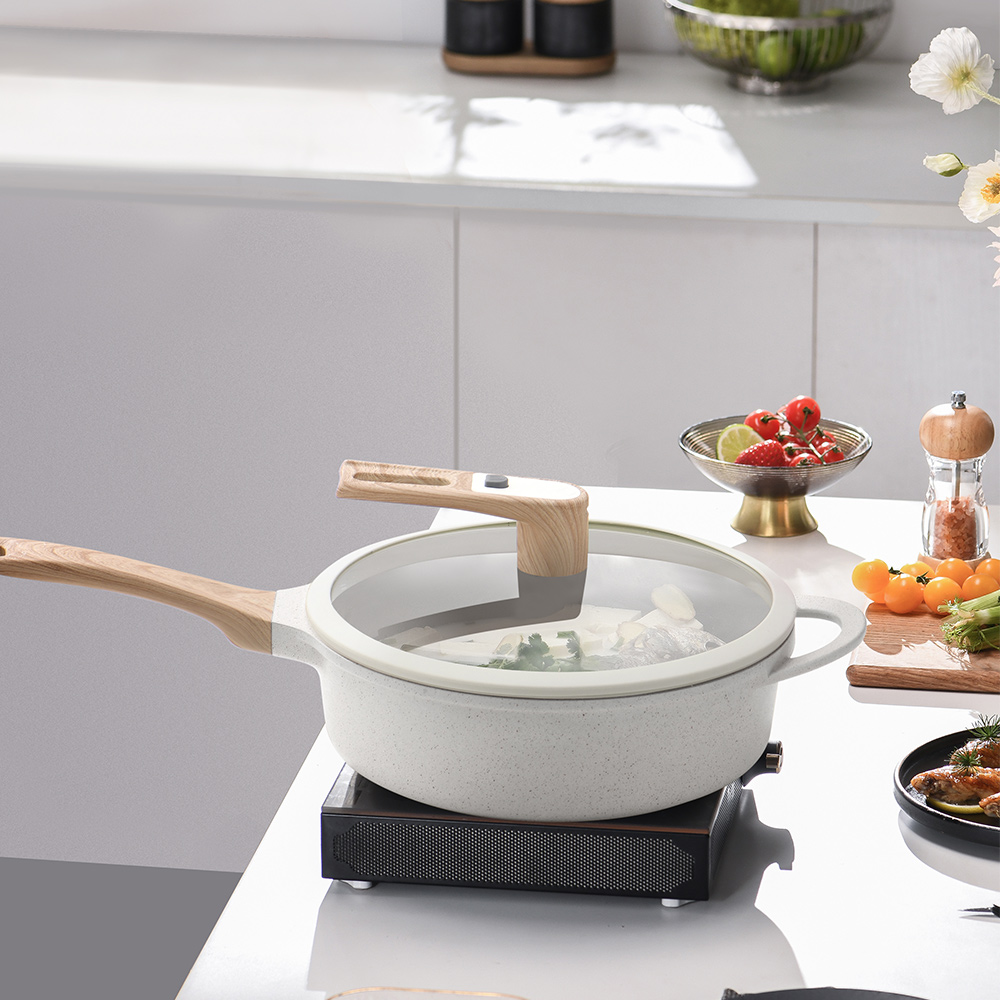 【Sushar小菜丫】麥飯石不沾鍋 微壓鍋 微悶燒鍋 氣閥壓力鍋 深煎炒鍋28cm-白色((IH全對應)) - 全聯全電商