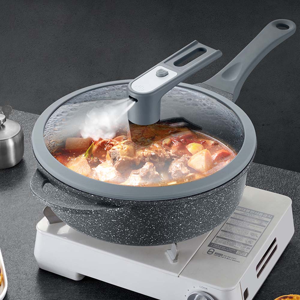 【Sushar小菜丫】麥飯石不沾鍋 微壓鍋 微悶燒鍋 氣閥壓力鍋 深煎炒鍋28cm-灰色((IH全對應)) - 全聯全電商