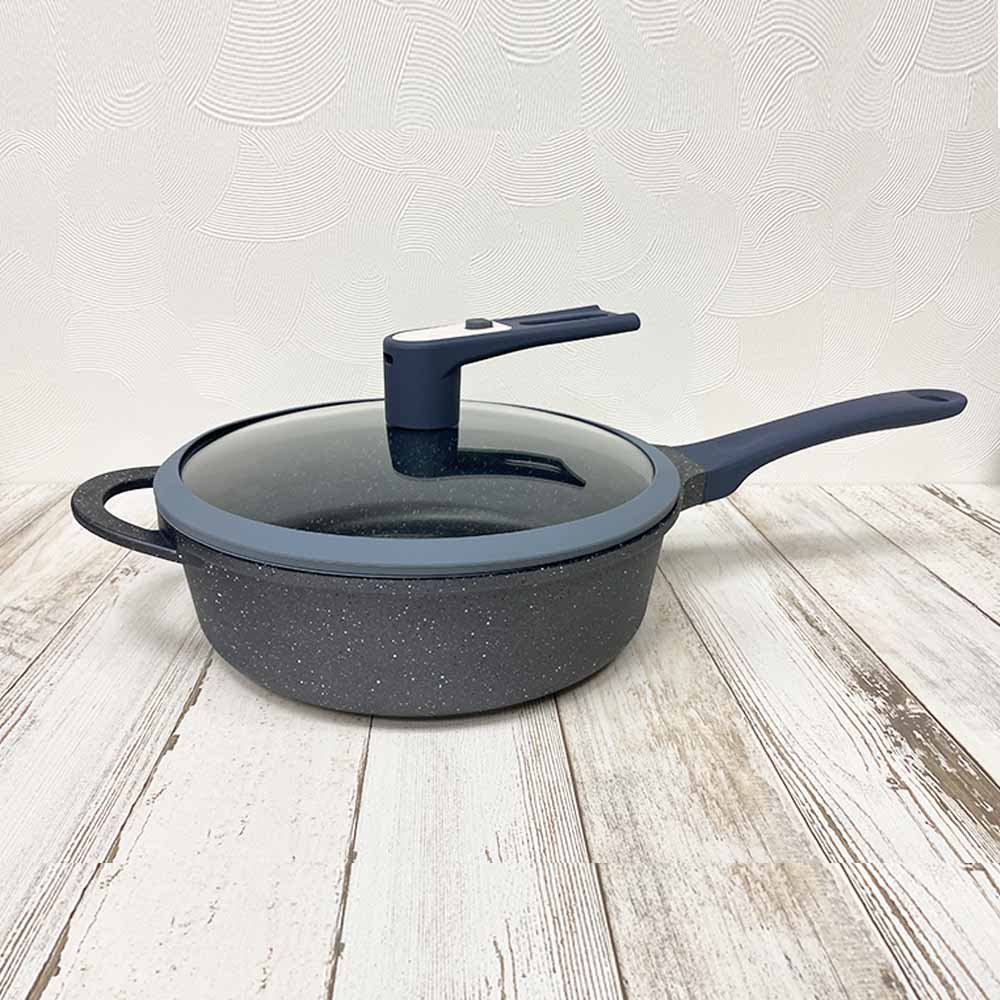 【Sushar小菜丫】麥飯石不沾鍋 微壓鍋 微悶燒鍋 氣閥壓力鍋 深煎炒鍋28cm-灰色((IH全對應)) - 全聯全電商