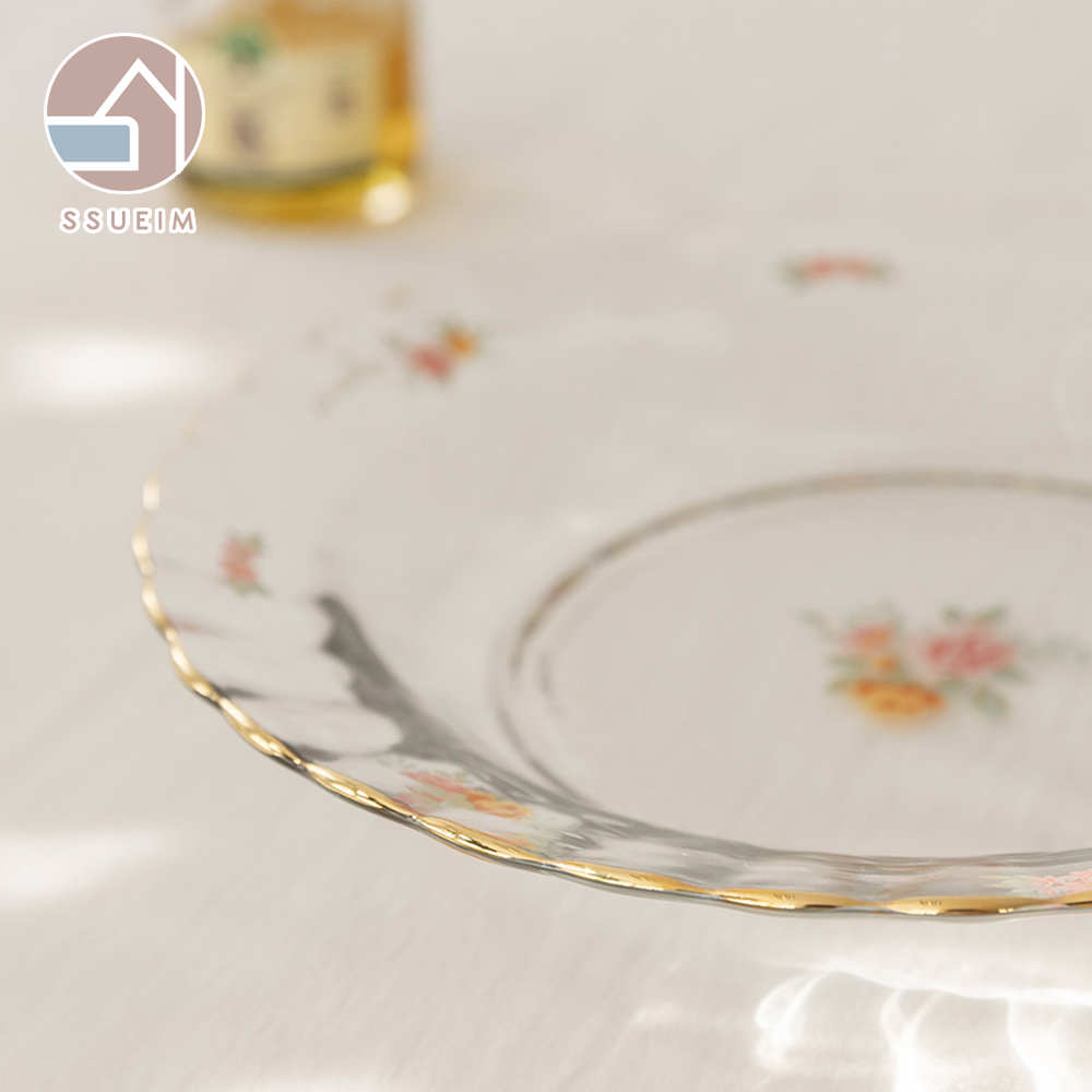 【韓國 SSUEIM】古典玫瑰系列金邊玻璃義大利麵深盤23cm(1入) - 全聯全電商