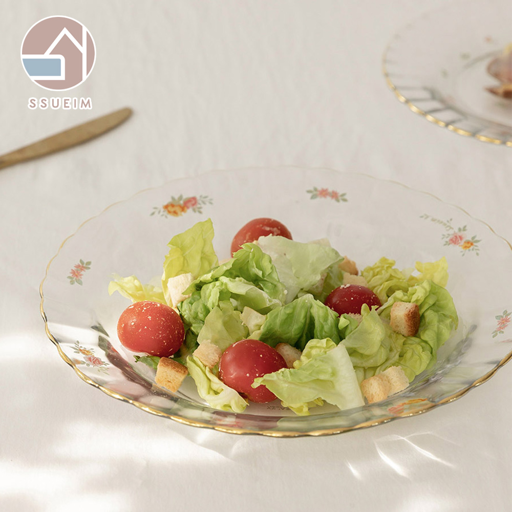 【韓國 SSUEIM】古典玫瑰系列金邊玻璃義大利麵深盤23cm(1入) - 全聯全電商