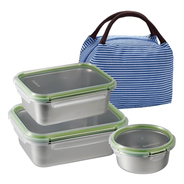 【Snapware 康寧】可微波304不鏽鋼保鮮盒3件組(1250ml*1+1850ml*1+720ml*1+提袋*1) - 全聯全電商