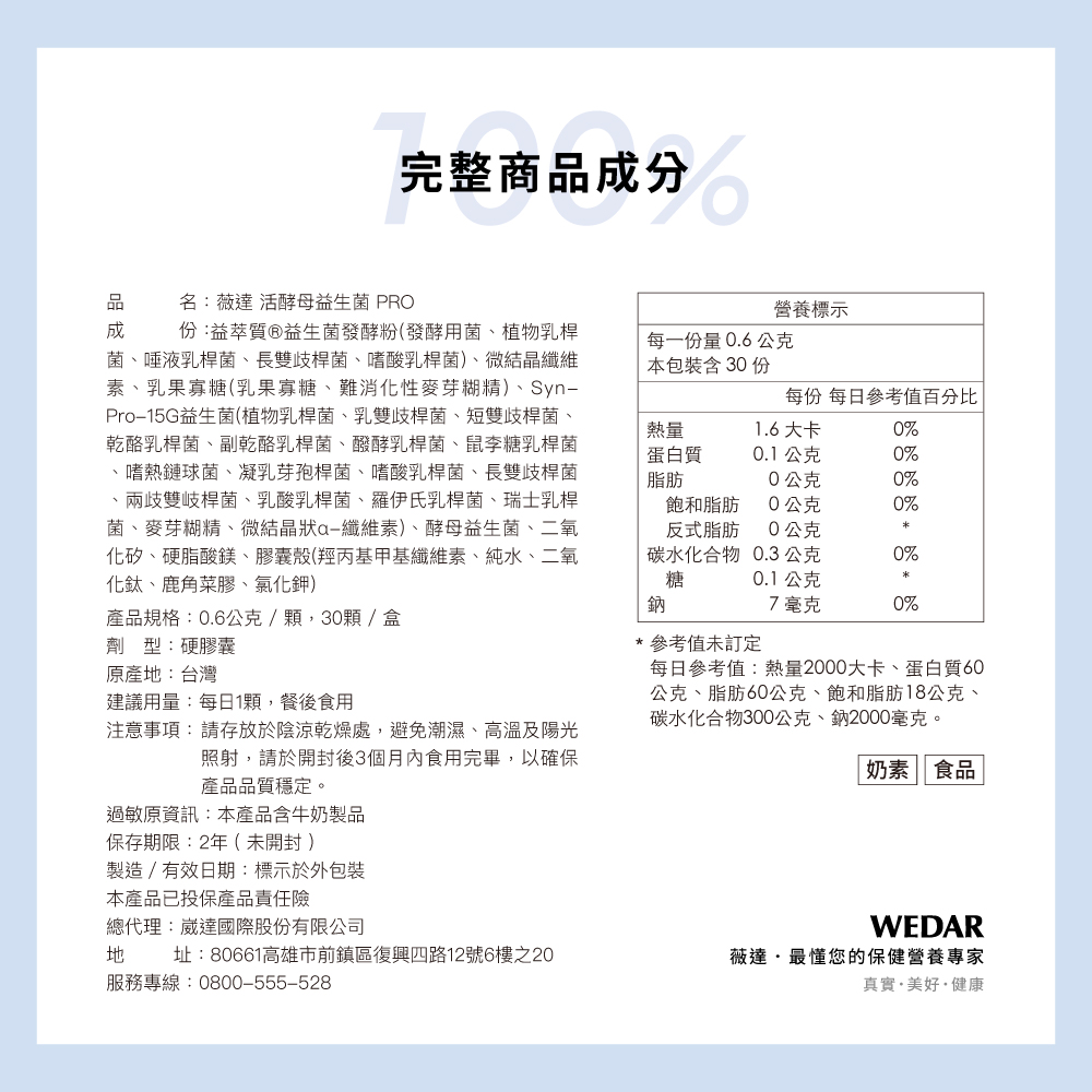 【WEDAR 薇達】活酵母益生菌PRO(30顆/盒，3盒組) - 全聯全電商