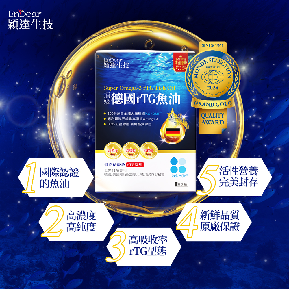 【Endear 穎達生技】 德國頂級 rTG 魚油60顆x2入/林美秀代言( (omega-3 97%↑)) - 全聯全電商