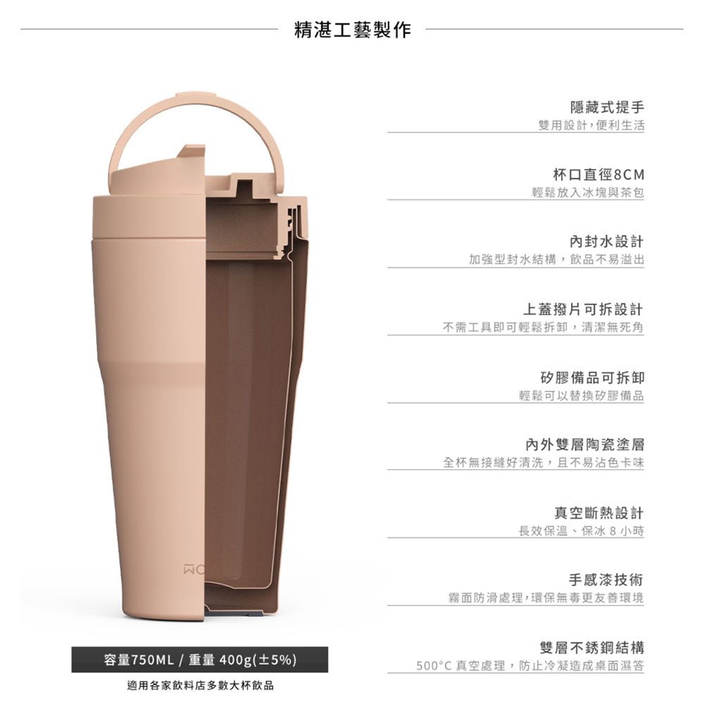 【WOKY 沃廚】渾圓杯-雙層陶瓷2入組(750ML-附矽膠粗吸管) - 全聯全電商