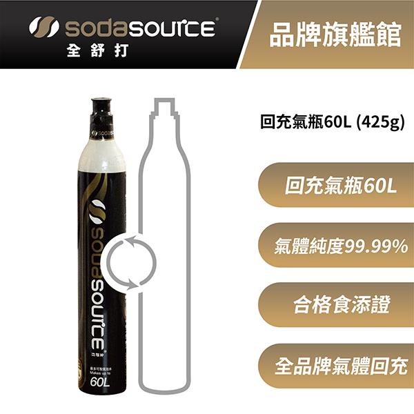 【Sodasource 全舒打】CO2 回充二氧化碳氣瓶 適用SodaStream及各大品牌氣泡水機 鋼瓶交換(425g 需有一支空瓶) - 全聯全電商