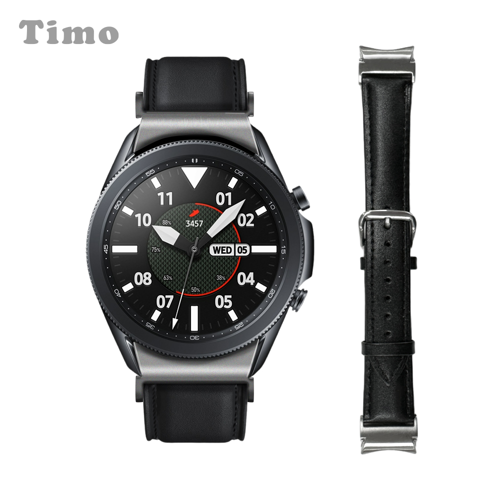 【Timo】SAMSUNG三星 Galaxy Watch 7/6/5 按鍵式平紋皮革錶帶(黑色/1入) - 全聯全電商