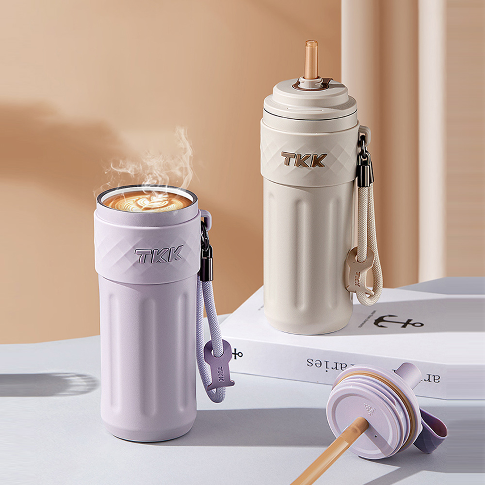 【TKK】律動吸管杯 316不鏽鋼x陶瓷噴塗 保溫杯 運動水壺500ML((附手提繩)) - 全聯全電商
