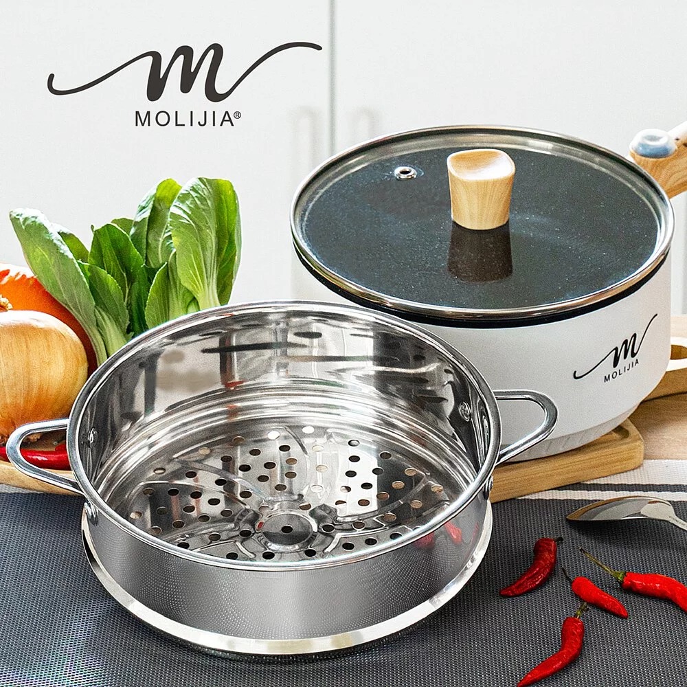 【MOLIJIA 魔力家】 M18 麥飯石不沾電煎烹飪鍋 木紋款(贈原木鍋鏟)+ M1812 蒸籠 x1(1.6L ) - 全聯全電商