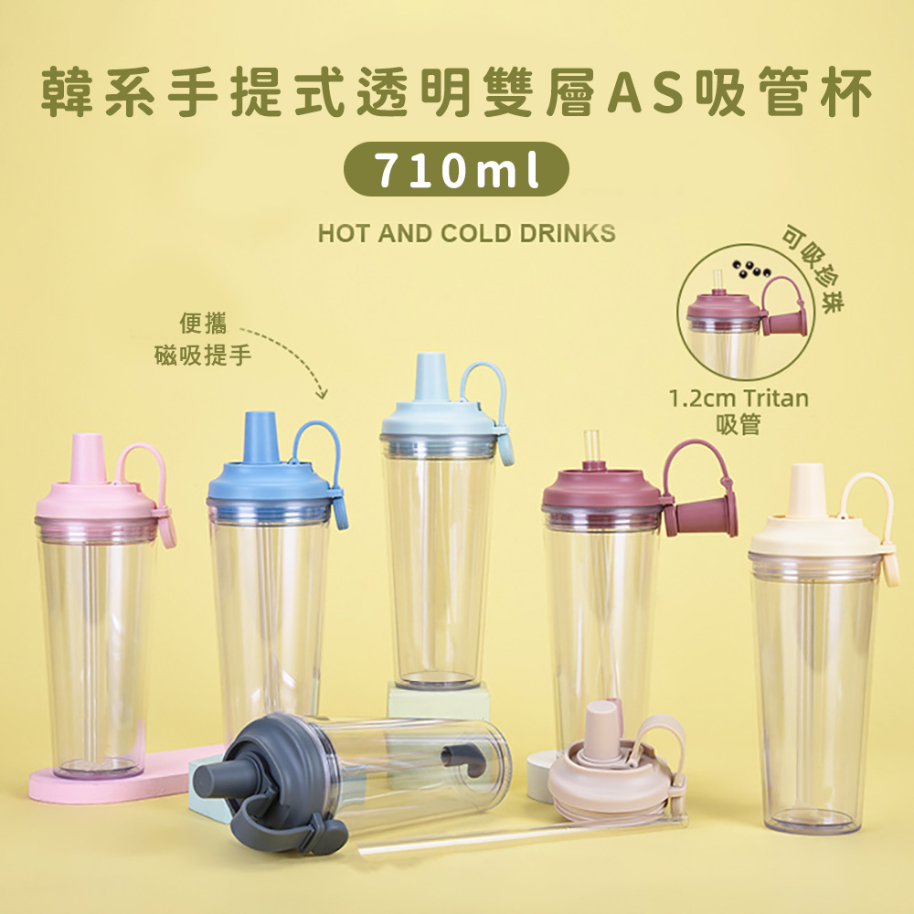 【日本FOREVER】韓系手提式透明雙層AS吸管杯/可吸珍珠/附吸管蓋710ml(買一送一) - 全聯全電商