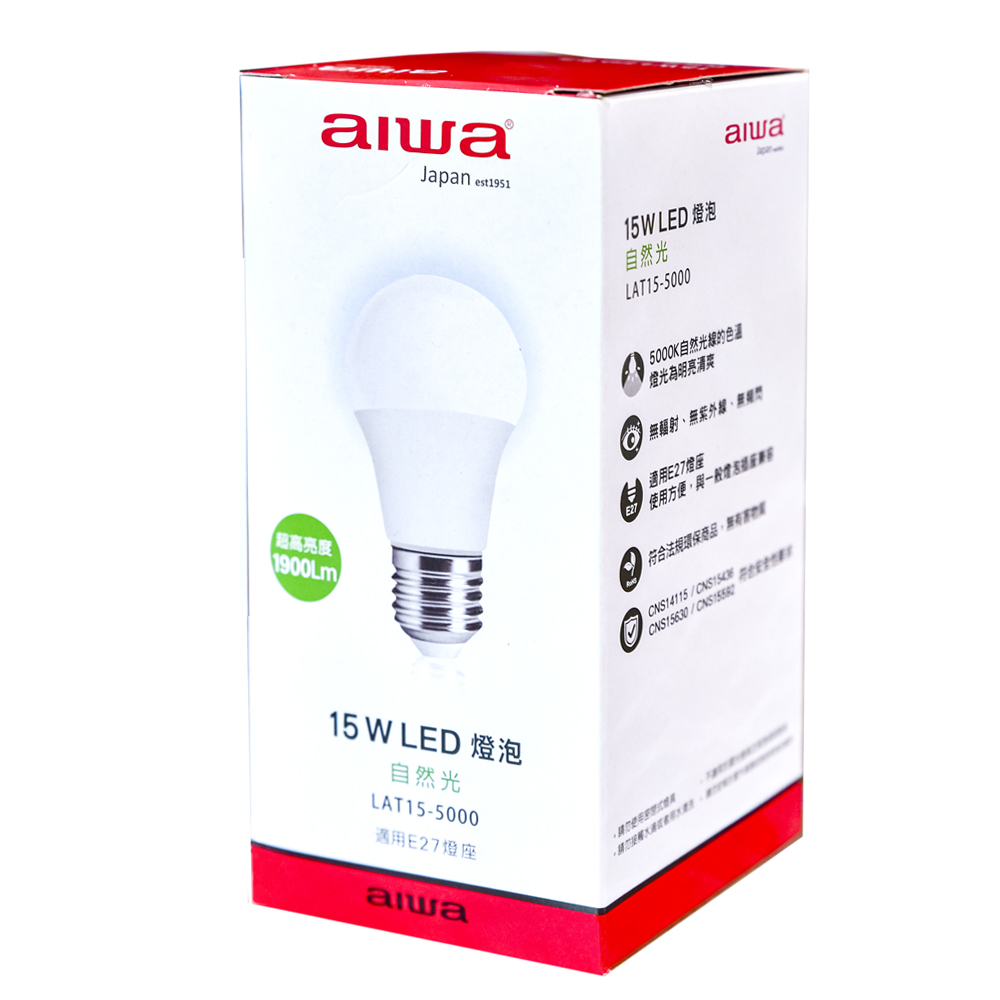 【AIWA 愛華】LED球燈泡 15W 自然光(AC110~240,50/60Hz/LAT15-5000) - 全聯全電商