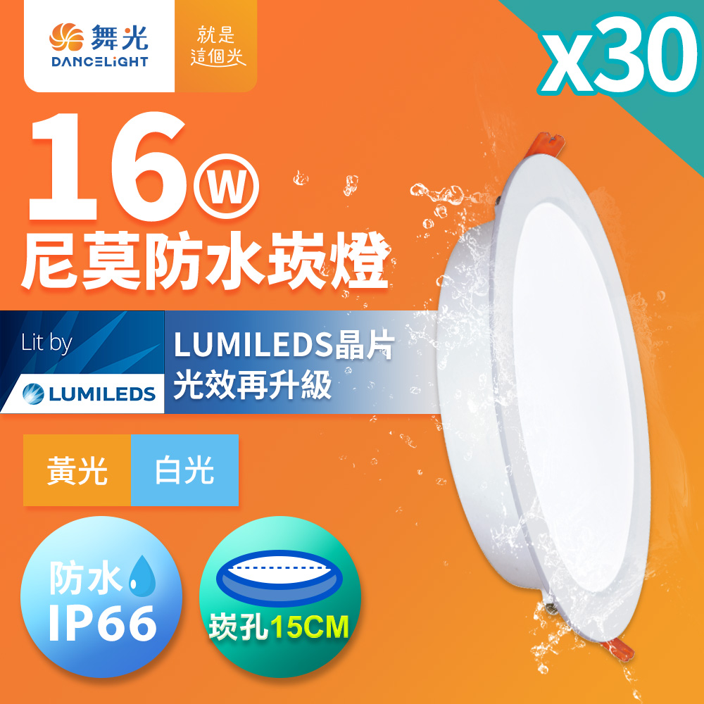 【舞光】30入組 16W LED崁燈 崁孔15cm 尼莫防水嵌燈 IP66防塵防水坎燈(白光/黃光) - 全聯全電商