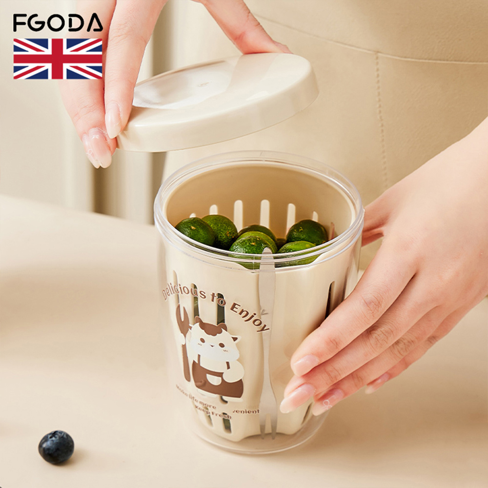 【英國 FGODA】雙層瀝水保鮮水果沙拉杯(附餐叉)-3入-多款可選(保鮮盒/保鮮罐/密封罐) - 全聯全電商