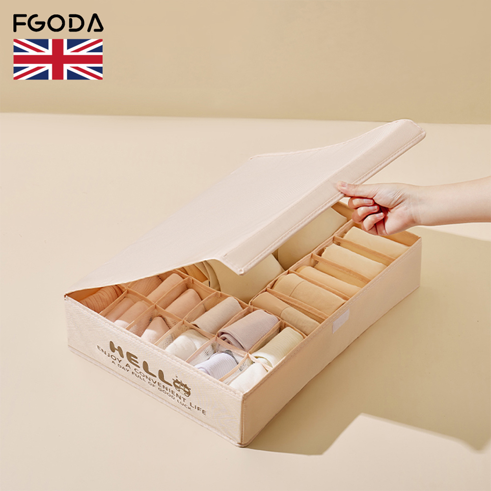 【英國 FGODA】布藝折疊式襪子/內衣褲分隔收納盒(附蓋)-3入(折疊收納箱/櫃內收納盒/儲物盒 ) - 全聯全電商