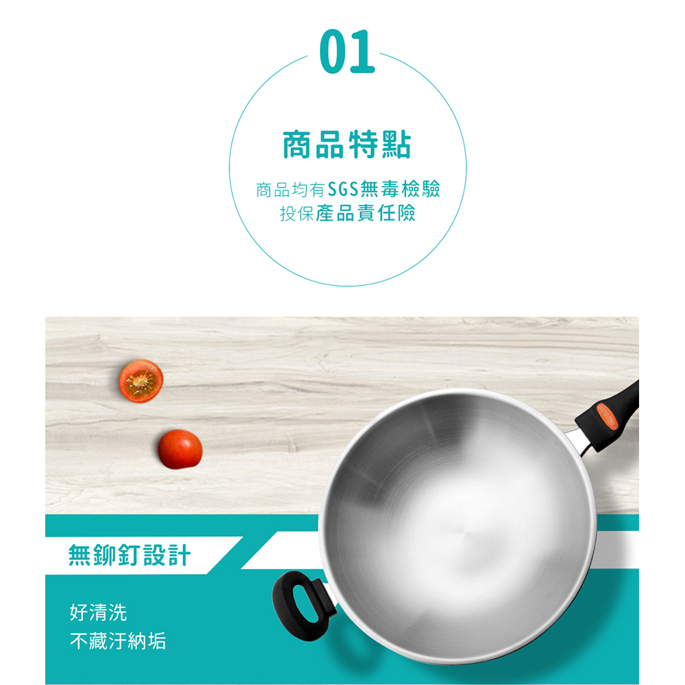 【潔豹】304不鏽鋼 33CM 七層複合金單把健康炒鍋 附雙耳配件(SGS檢驗合格 台灣精品 手柄可替換) - 全聯全電商