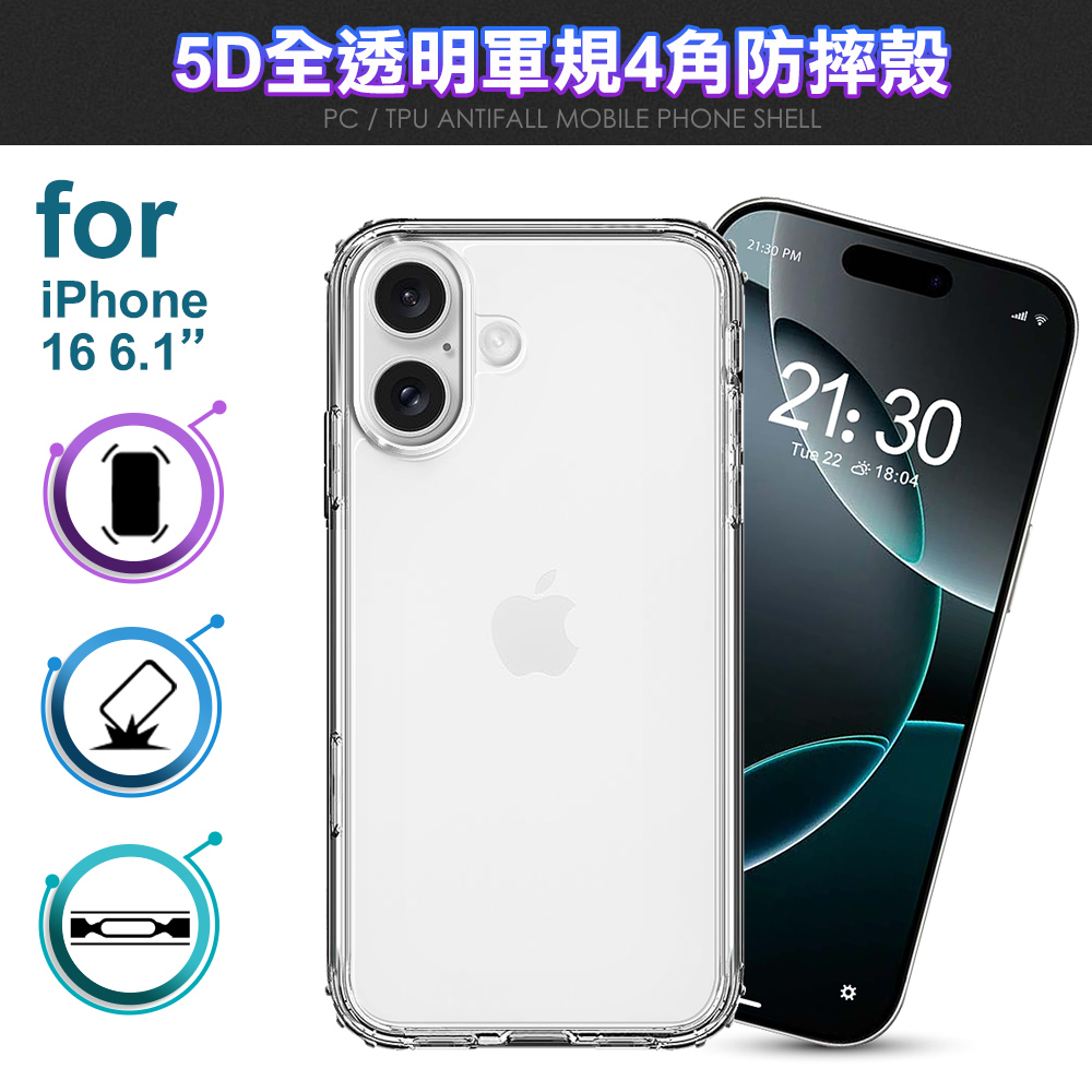 【CITYBOSS】for iPhone 16 5D超越美型透明軍規四角防摔殼-附相機電子按鍵(1入) - 全聯全電商