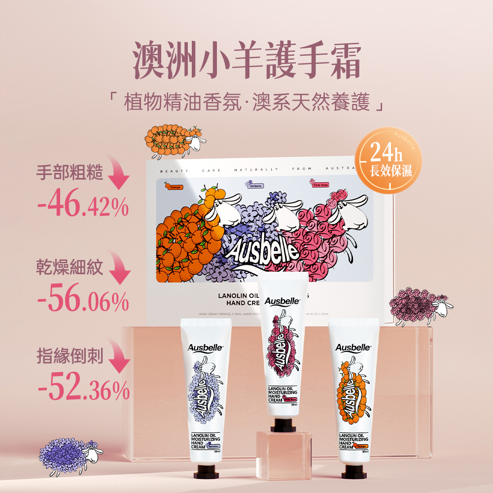 【Ausbelle】澳洲綿羊油護手霜禮盒組(玫瑰.甜橙.馬鞭草)(30ml*3支) - 全聯全電商