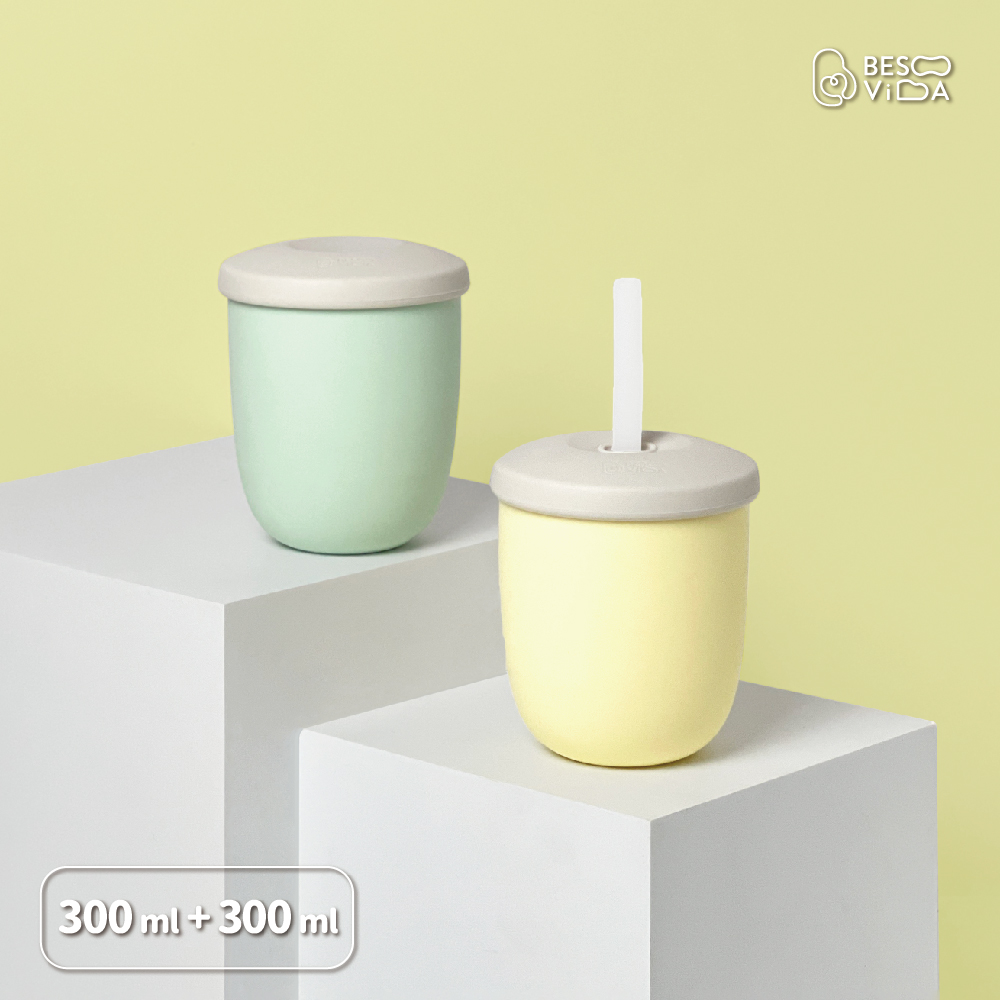 【Besovida】全矽膠小雙杯 + 小雙吸管杯_兒童喝水杯/萬用杯/副食品分裝盒/耐高溫/耐酸鹼/微波/冷凍(容量 300ml x 2 附小吸管、耐冷耐熱：-30°C～200°C) - 全聯全電商