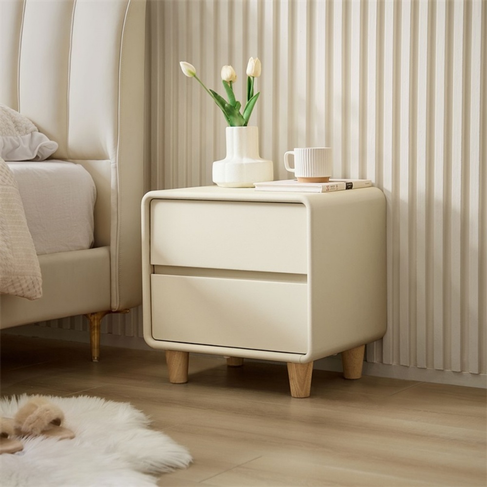 【hoi! 好好生活】林氏木業奶油風圓潤雙抽木腳床頭櫃 TD129(【hoi】H014375276@104757) - 全聯全電商