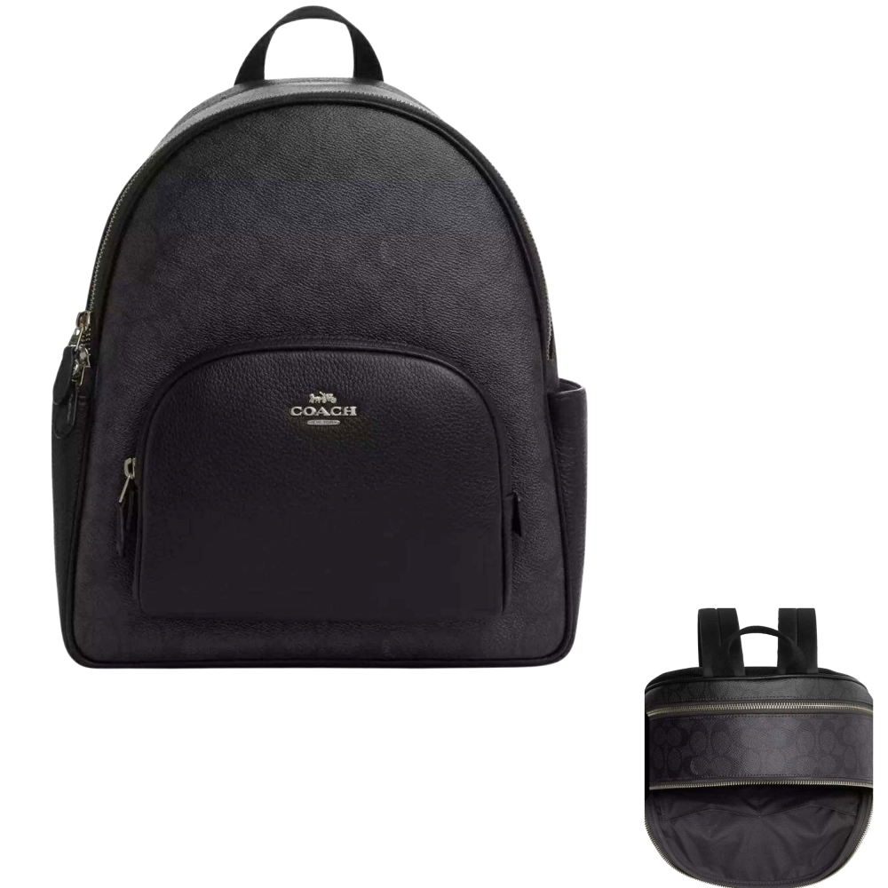 【COACH】滿版 銀標馬車LOGO三層中大滿版防刮款 透氣後背包-黑灰色(coach 後背包 女包 女用包包) - 全聯全電商