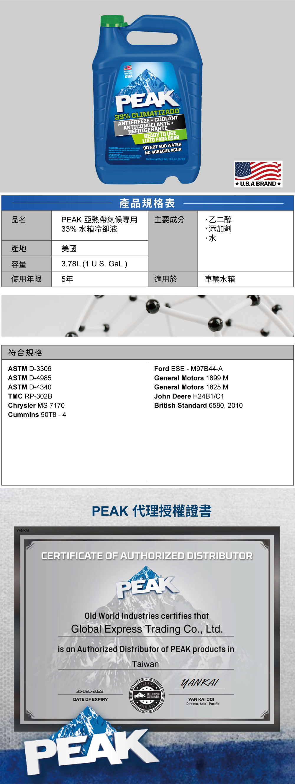 【PEAK】PEAK 亞熱帶地區專用水箱精 33%(3.78L) - 全聯全電商